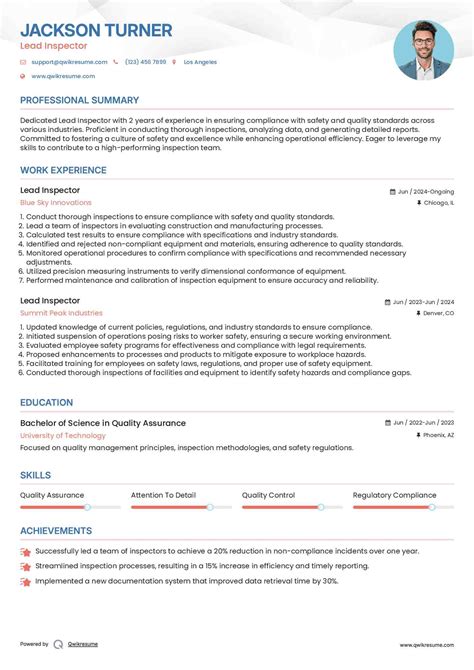 10 Lead Inspector Resume Samples And Templates For 2025