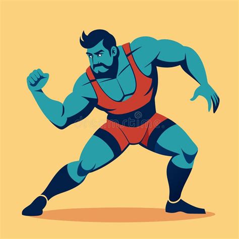 Cartoon Wrestler In Red Uniform With Blue Skin Posing Stance Stock