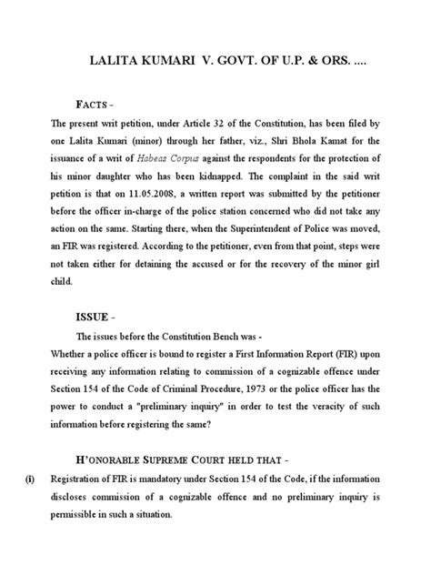 Lalita Kumari V State Of Up Case Format Pdf Complaint Writ Lalita Kumari V State Of Up Case Format Pdf Complaint Writ