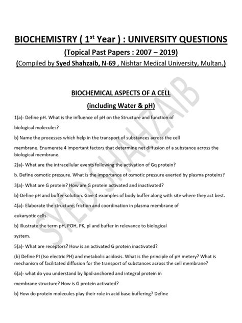 Biochemistry 1st Year Topical Papers Pdf Enzyme Cell Membrane