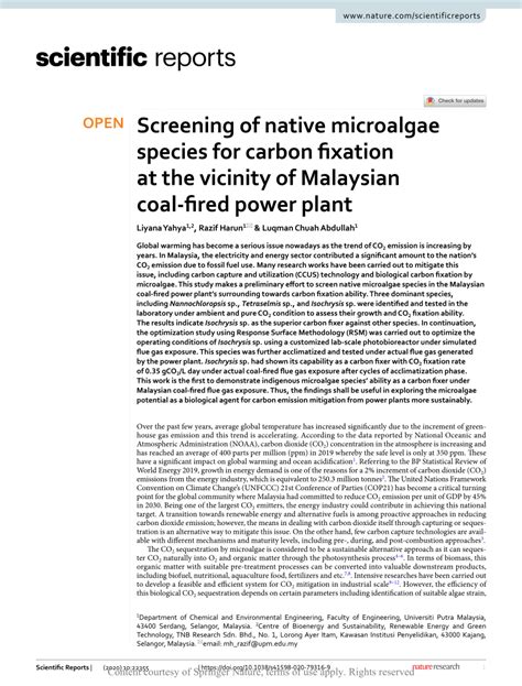 PDF Screening Of Native Microalgae Species For Carbon Fixation At The Vicinity Of Malaysian