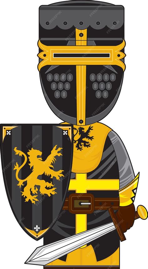 칼과 방패 역사 일러스트와 함께 귀여운 만화 용감한 중세 기사 프리미엄 벡터