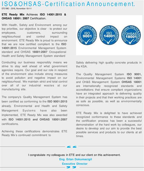 ISO OHSAS Certificate Announcement