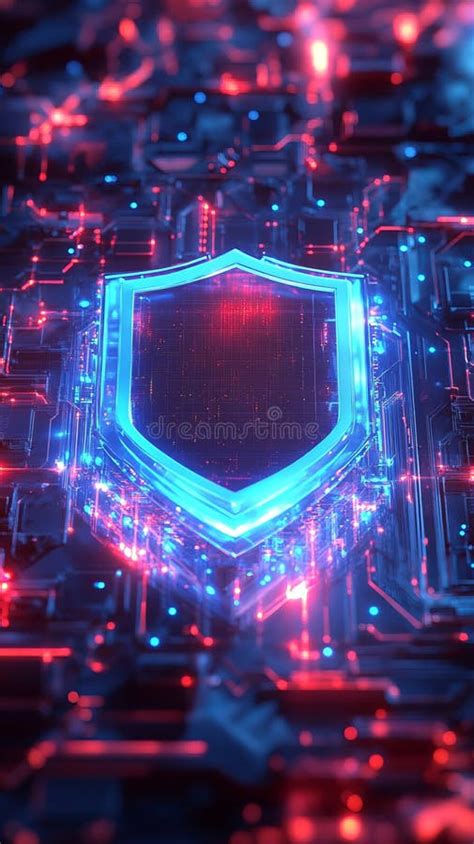 Glowing Cybersecurity Shield Icon Within Complex Circuit Design Stock Illustration