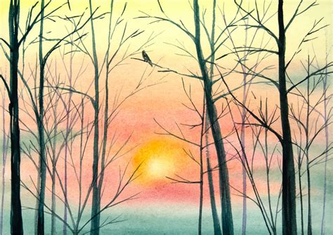 Hand Painted Watercolor Trees Without Leaves Watercolor Sunset Landscape With Trees 35576232
