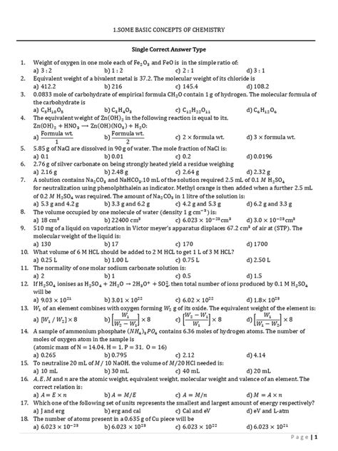 Some Basic Concepts Of Chemistry 1 Qb Pdf Mole Unit Molecules