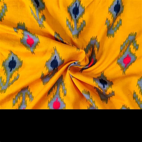 Rayon Yellow With Grey Ikkat Plant Screen Print Fabric Sanskruti