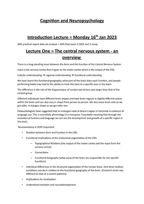 C Np Lecture Notes Cognition And Neuropsychology Introduction Lecture Monday Th Jan