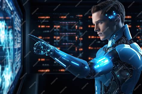 3d Rendering Of A Male Cyborg Pointing To A Hologram Screen Cyber Digital World Android Robot