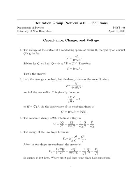 Capacitance Charge And Voltage Problem Set 10 With Solutions Phys 408 Docsity