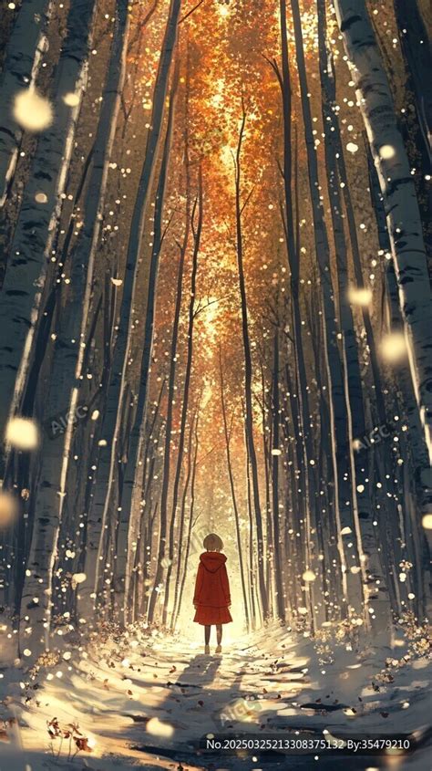 Ai创作图森林 女孩 红衣 光影 雪花 树木 梦幻 童话 小径 冬日 阳光 唯美 静谧 神秘 意境 昵图网