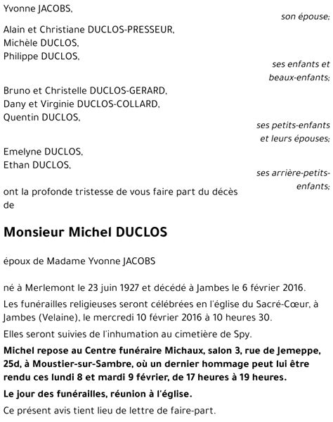 Avis De Décès De Michel Duclos Décédé Le 06 02 2016 à Jambes Annonce Condoléances Fleurs