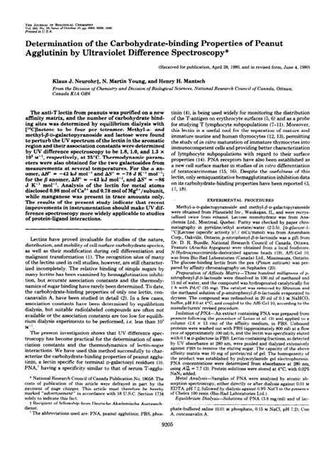 Pdf Determination Of The Carbohydrate Binding Properties Of Peanut Agglutinin By Ultraviolet