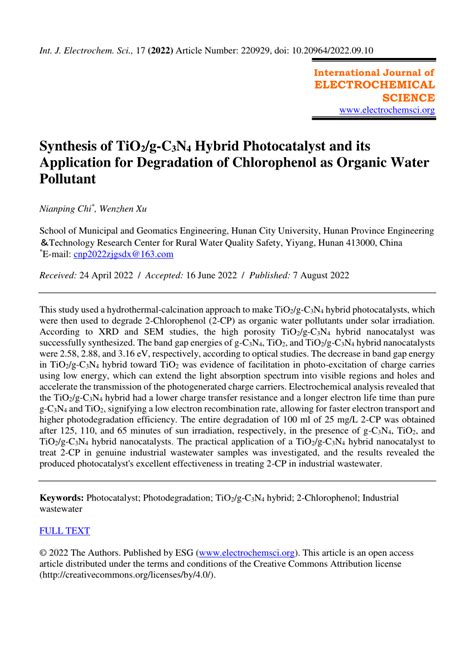 Pdf Synthesis Of Tio2 G C3n4 Hybrid Photocatalyst And Its Application For Degradation Of