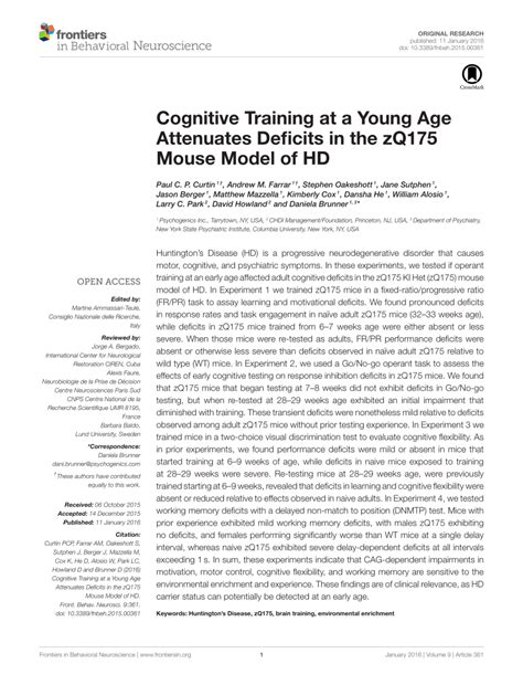 Pdf Cognitive Training At A Young Age Attenuates Deficits In The Zq175 Mouse Model Of Hd