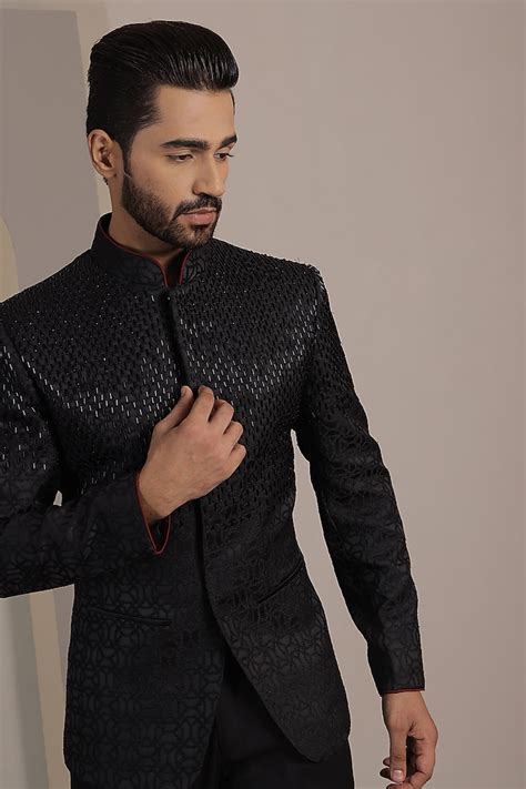 black jacquard embroidered bandhgala set by naman ahuja at pernia s pop