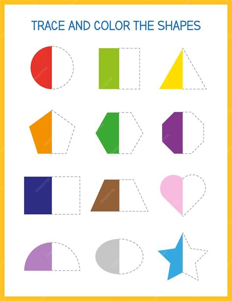 어린이를 위한 모양 따라 그리기 및 색칠하기 워크시트 대칭 활동 기하학 유치원 수학 페이지 프리미엄 벡터
