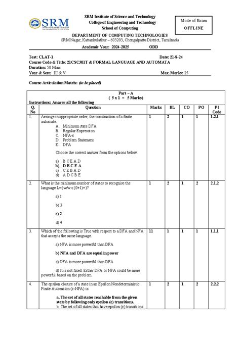 Ct1 Answer Key Set A Srm Institute Of Science And Technology College Of Engineering And