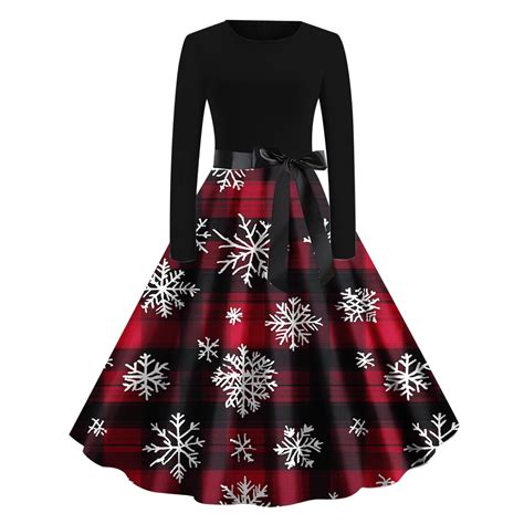 Hueook Christmas Long Sleeve Dress For Women Christmas Printed Round