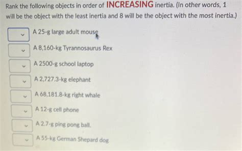 rank the following objects in order of increasing inertia in