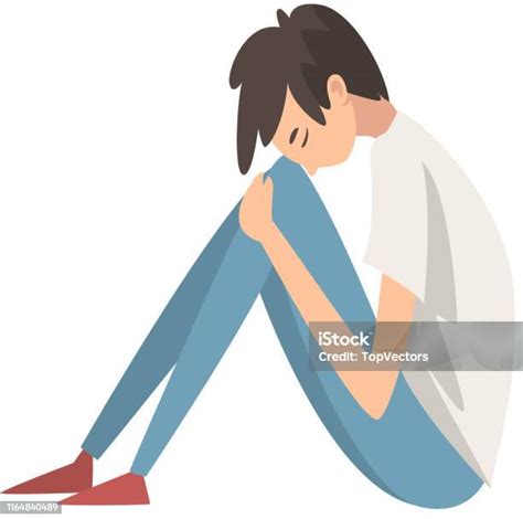우울한 소년 앉아 에 바닥 포옹 그의 무릎 스트레스 십대 외로운 불안 학대 소년 데 문제 벡터 그림 걱정하는에 대한 스톡 벡터