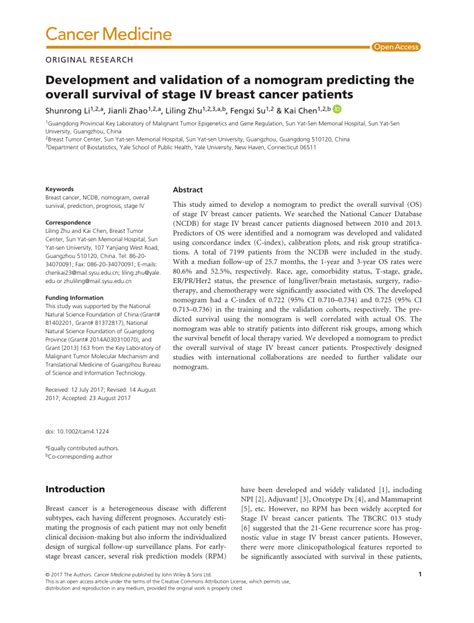 Pdf Development And Validation Of A Nomogram Predicting The Overall Survival Of Stage Iv