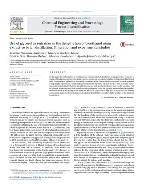 Pdf Use Of Glycerol As Entrainer In The Dehydration Of Bioethanol Using Extractive Batch