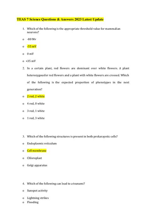 Teas 7 Science Questionsandanswers 2023 Latest Update Made 82 With This
