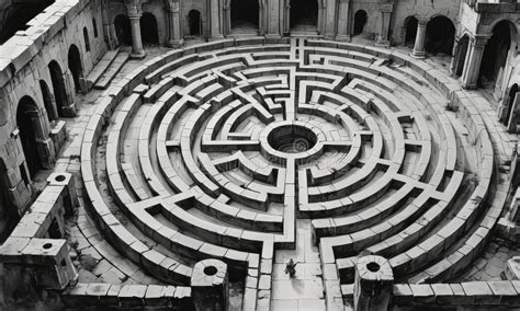 Black And White Complex Intricate Maze With Multiple Levels And Pathways Creating Sense Depth