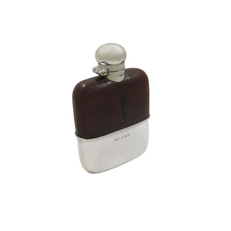 Antique George V Sterling Silver And Crocodile Leather Hip Flask 1912