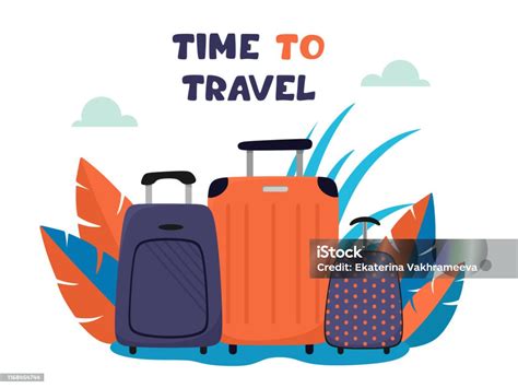 여행 동기 부여 제목을 여행하는 시간 만화 가방과 비행 종이 비행기와 여행 배너 플랫 디자인의 벡터 그림입니다 가족 여행 글자 가방에 대한 스톡 벡터 아트 및 기타 이미지