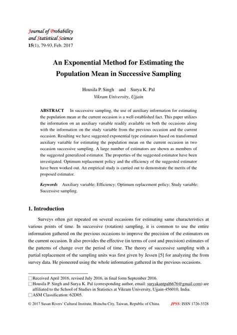 Pdf An Exponential Method For Estimating The Population Mean In Successive Sampling