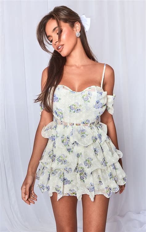 Blue Floral Dobby Textured Chiffon Frilly Romper Prettylittlething Ca