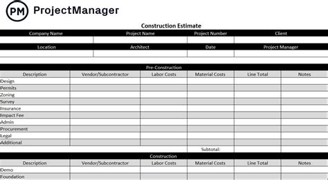 Free Construction Cost Estimate Excel Template