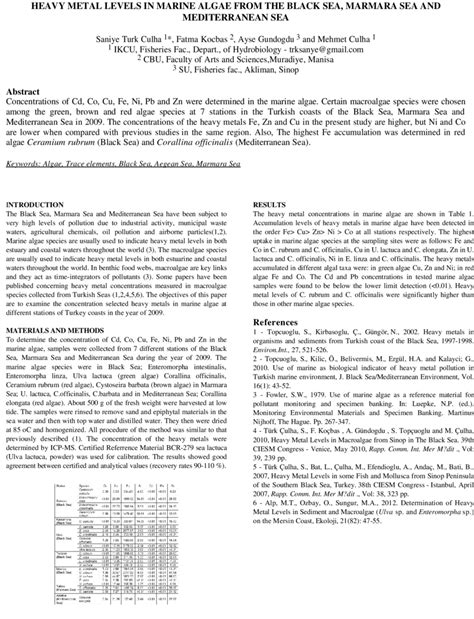 Average Heavy Metal Concentrations Mg Kg Dry Weight In Marine Algae