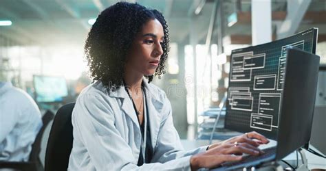 Laptop Computer Screen And Woman In Laboratory With Research For Data Analysis Development And