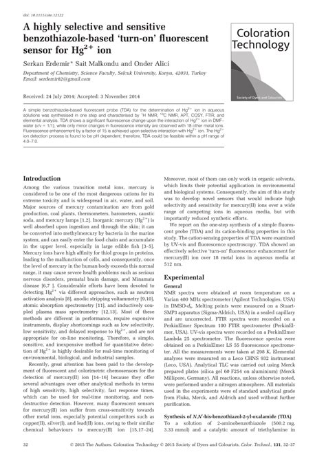 Pdf A Highly Selective And Sensitive Benzothiazole Based ‘turn On Fluorescent Sensor For Hg2 Ion