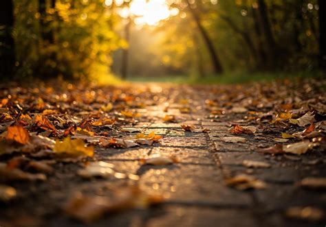 Golden Autumn Path Sunlit Brick Walkway With Fallen Leaves 72122725