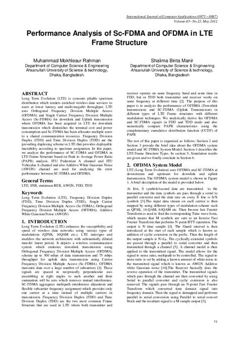 Pdf Performance Analysis Of Sc Fdma And Ofdma In Lte Frame Structure