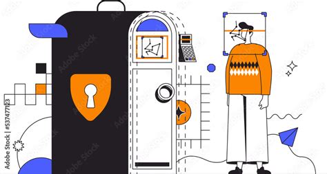 Biometric Control Web Concept In Flat Outline Design With Character Man Uses Secure Access To