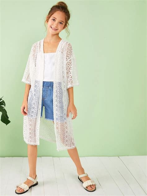 Shein Girls Open Front Sheer Lace Overlay Kimono Tween Fashion