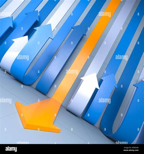 3d Row Blue Arrows Following Orange Going Opposite Direction Stock