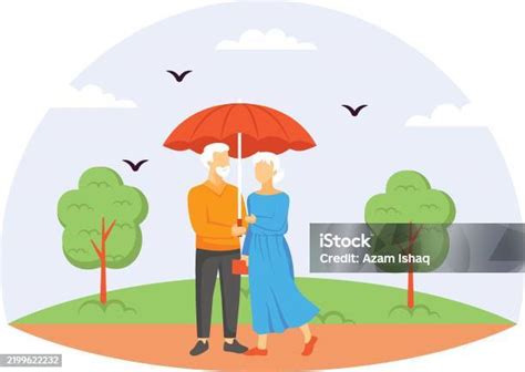 성장하는 늙은 함께 개념 늙은 부부 공원 서있는 우산 아래 벡터 디자인 사랑 로맨스 애정 배너 발렌타인 데이 장면 인간 관계 스톡 일러스트레이션 가족에 대한 스톡 벡터 아트