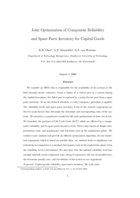 Pdf Joint Optimization Of Component Reliability And Spare Parts Inventory For Capital Goods