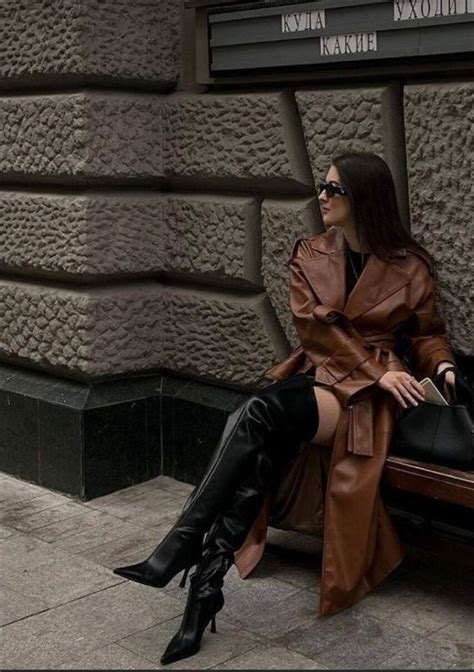 How To Style Over The Knee Boots Leather Coat Outfit Brown Coat