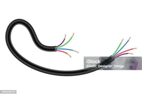 끊어진 전기 구리선 또는 코드 손상된 전원 케이블 노출 된 와이어로 찢어진 와이어 위험 전기 문제 컬러 전기 케이블 흰색 배경에 격리된 벡터 그림 3차원 형태에 대한 스톡