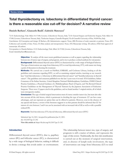 Pdf Total Thyroidectomy Vs Lobectomy In Differentiated Thyroid Cancer Is There A Reasonable