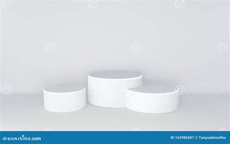 White Three Level Podium With Luminous Strip On A White Background