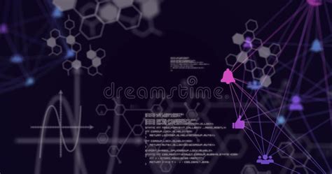 Image Of Network Of Connections With Icons And Information And Data Processing On Black Stock