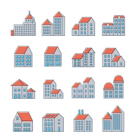 Vector Set Of Linear Urban Buildings Icons And Illustrations Of Houses Vector Art At
